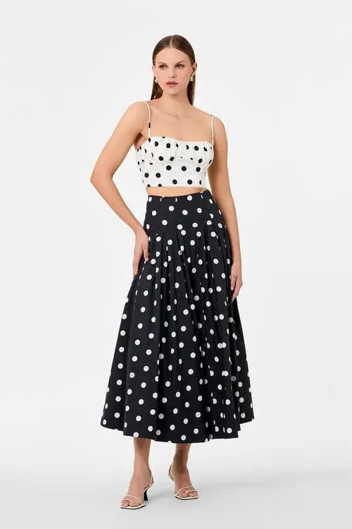 NICHOLAS Yasmin Pleated Midi Skirt - Black White Polka Dot