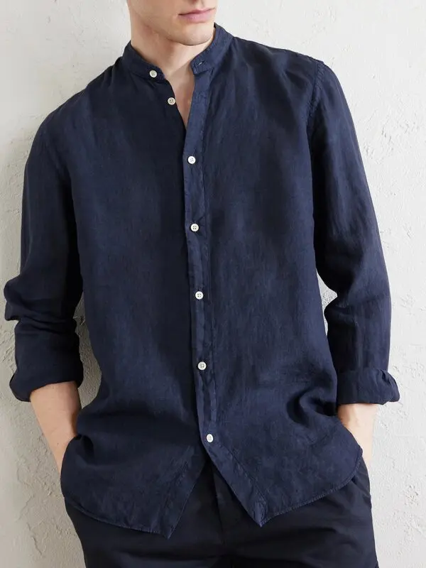 Boglioli Grandad-collar Linen Shirt - Blue