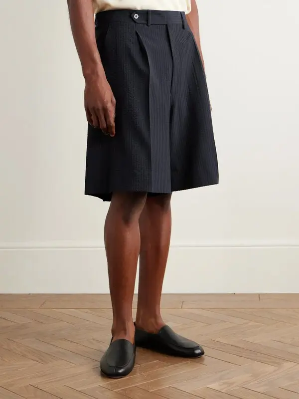 STOFFA Pleated Wool-seersucker Shorts