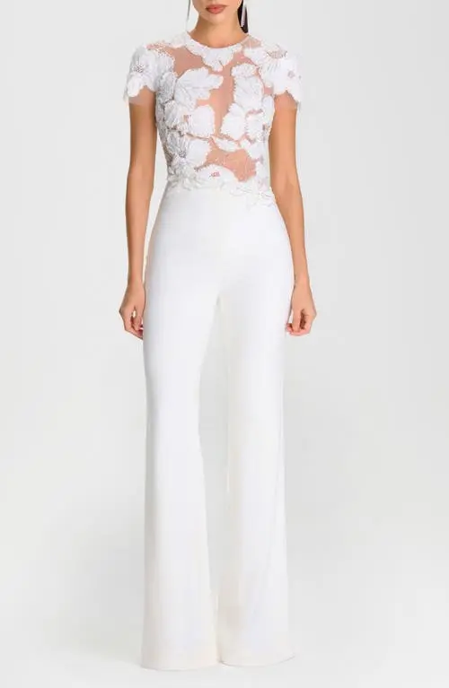 NADINE MERABI Sloane Beaded Floral Appliqué Wide Leg Cocktail Jumpsuit - White