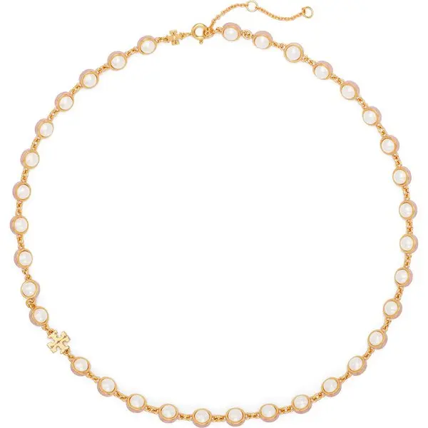 Tory Burch Moondance Faux Pearl Necklace - Light Brass/pearl/pink