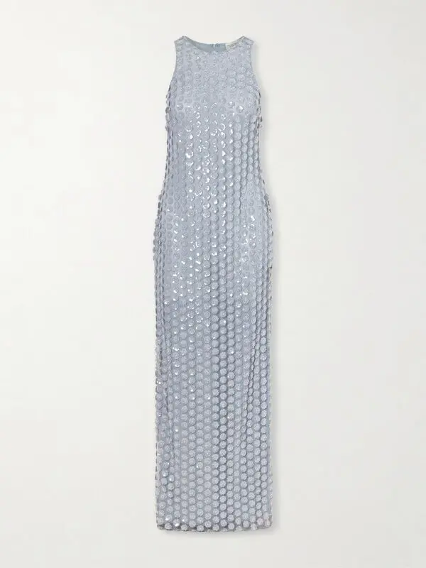 THE NEW ARRIVALS ILKYAZ OZEL Bixi Floral-embellished Mesh Gown - Silver