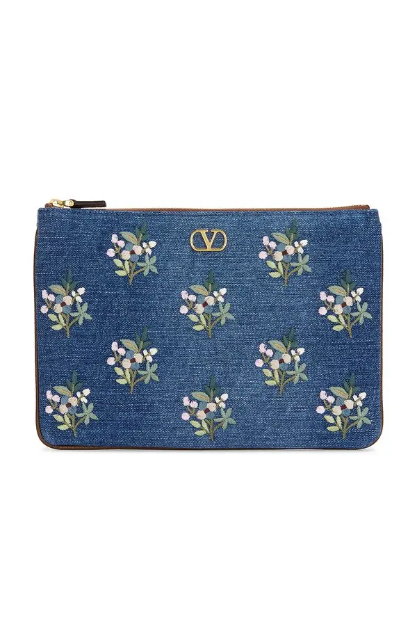 Valentino Garavani V Logo Signature Medium Flat Pouch - Denim, Multicolor, & Tabac Brown