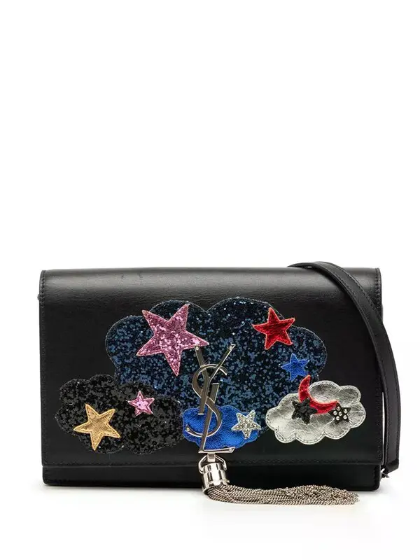 Saint Laurent Calfskin Cloud Star Applique Monogram Kate Tassel Wallet On Chain - Black