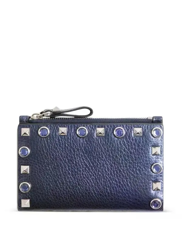 Valentino Garavani Rockstud Cardholder With Zipper In Laminated Calfskin - Blue