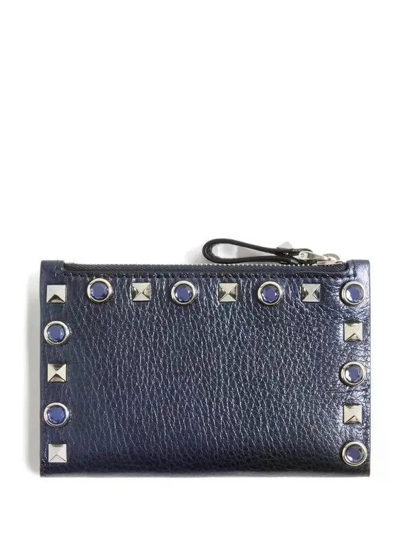 Valentino Garavani Rockstud Cardholder With Zipper In Laminated Calfskin - Blue