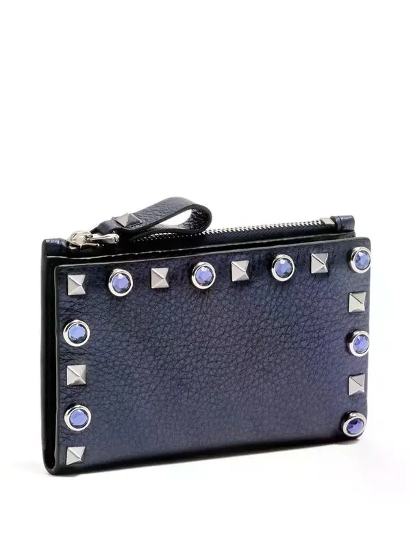 Valentino Garavani Rockstud Cardholder With Zipper In Laminated Calfskin - Blue