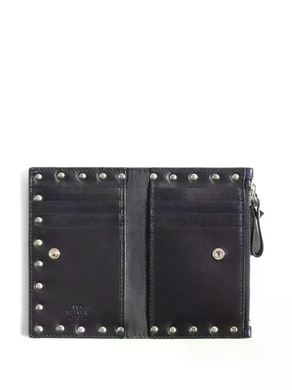 Valentino Garavani Rockstud Cardholder With Zipper In Laminated Calfskin - Blue