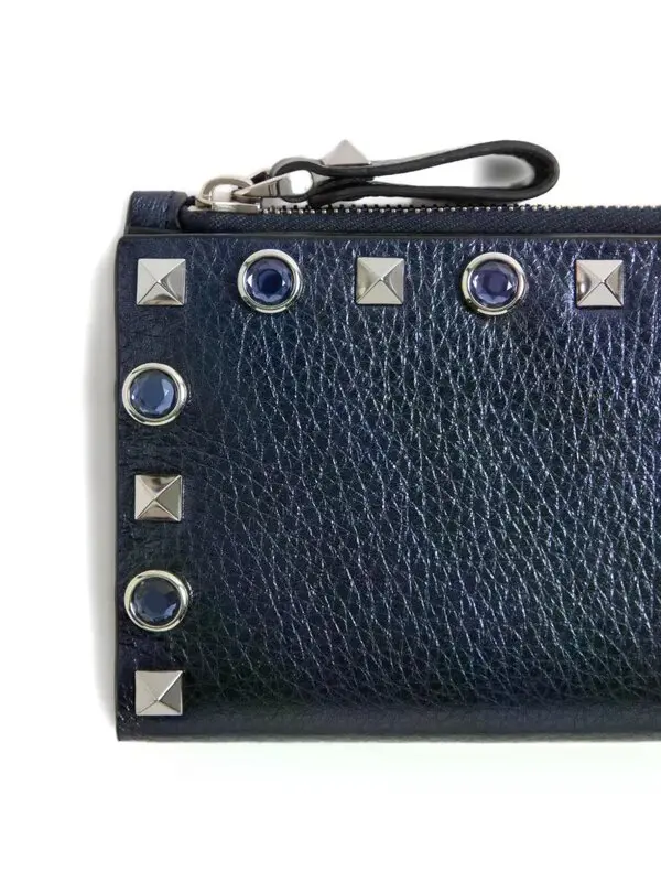 Valentino Garavani Rockstud Cardholder With Zipper In Laminated Calfskin - Blue