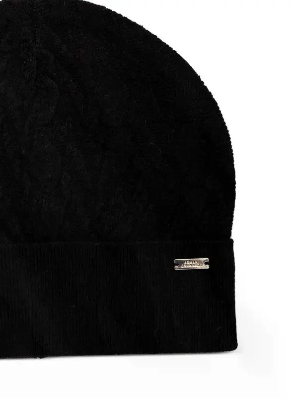 Armani Exchange Cable-knit Beanie Hat With Logo Plaque