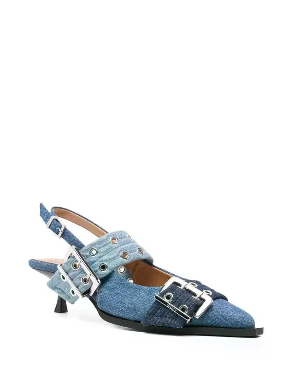 GANNI Buckle-detail Denim Pumps - Blue