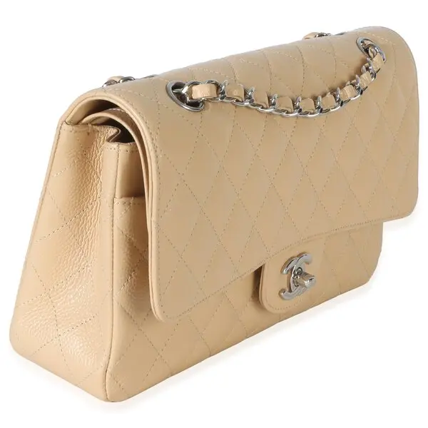 Chanel Quilted Caviar Double Flap Bag - Beige