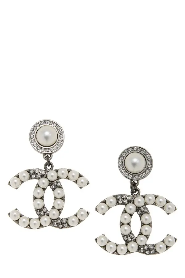 Chanel Crystal 'cc' Pearl Dangle Earrings - Silver