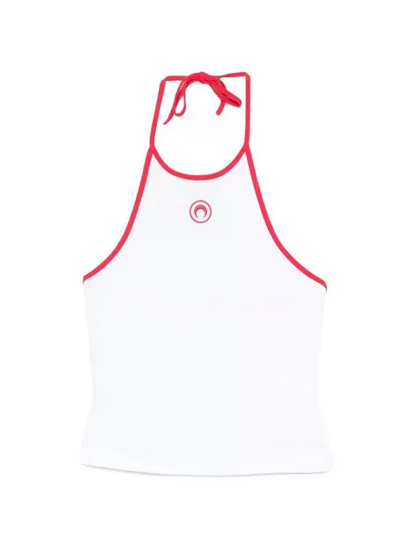 MARINE SERRE Halter Neck Top With Red Trim And Logo Detail - White
