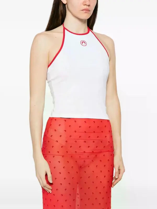 MARINE SERRE Halter Neck Top With Red Trim And Logo Detail - White