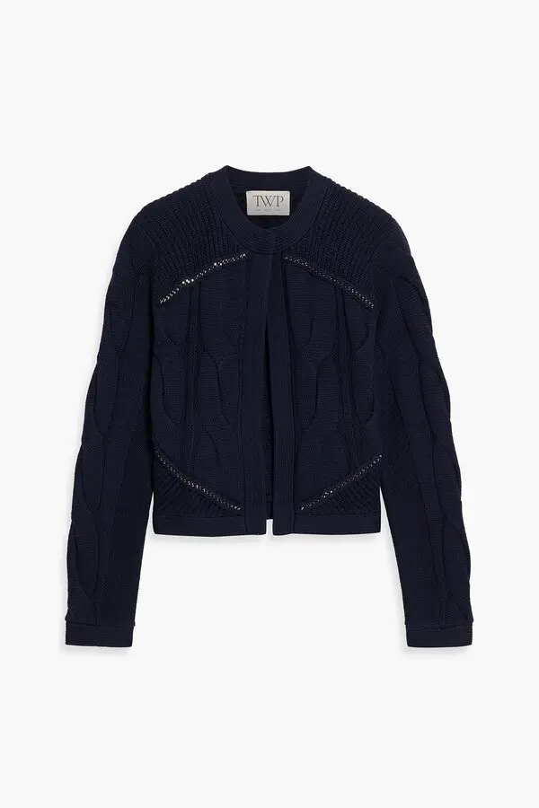 TWP Chain-embellished Cable-knit Merino Wool Cardigan - Navy