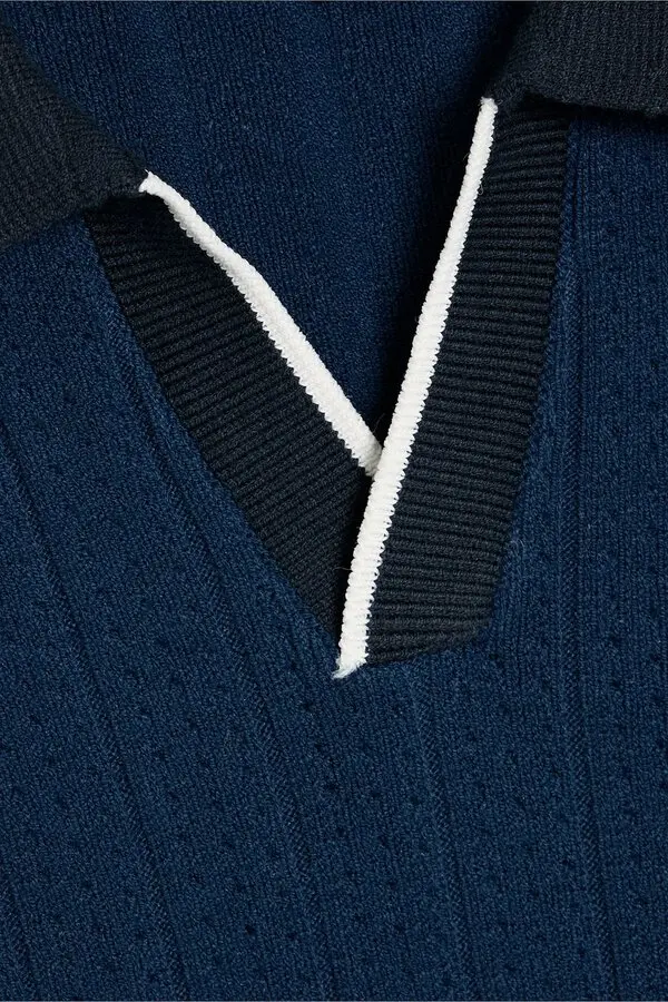 Rag & Bone Johnny Ribbed Pointelleknit Cottonblend Polo Shirt - Navy
