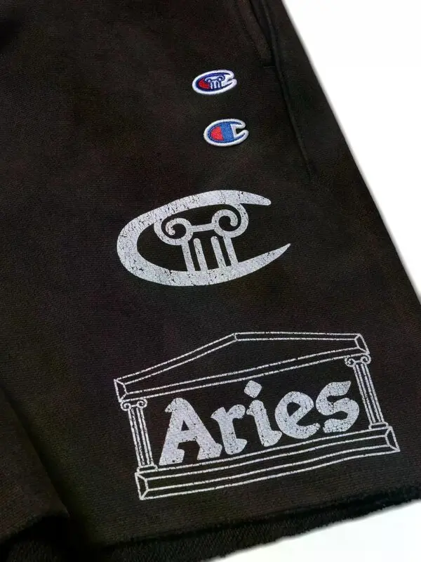 Champion X Aries Logo Print Raw Hem Shorts