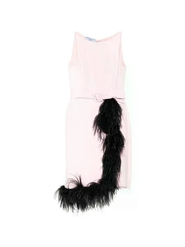 Prada Feather-trim Belted Midi Dress