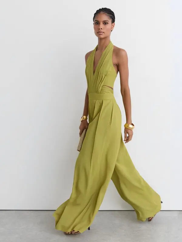 REISS Lainey Halterneck Pleated Wide-leg Jumpsuit - Green
