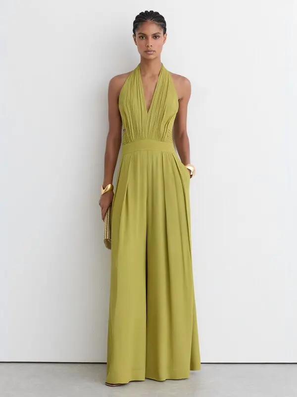 REISS Lainey Halterneck Pleated Wide-leg Jumpsuit