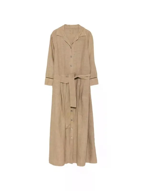 120% Lino Belted Ladder-stitch Midi Dress - Brown