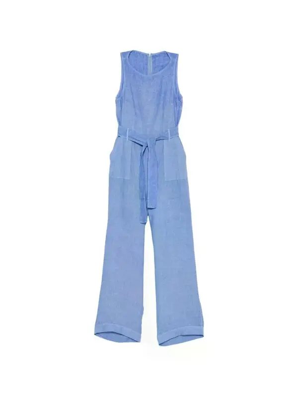 120% Lino Belted Sleeveless Jumpsuit - Blue