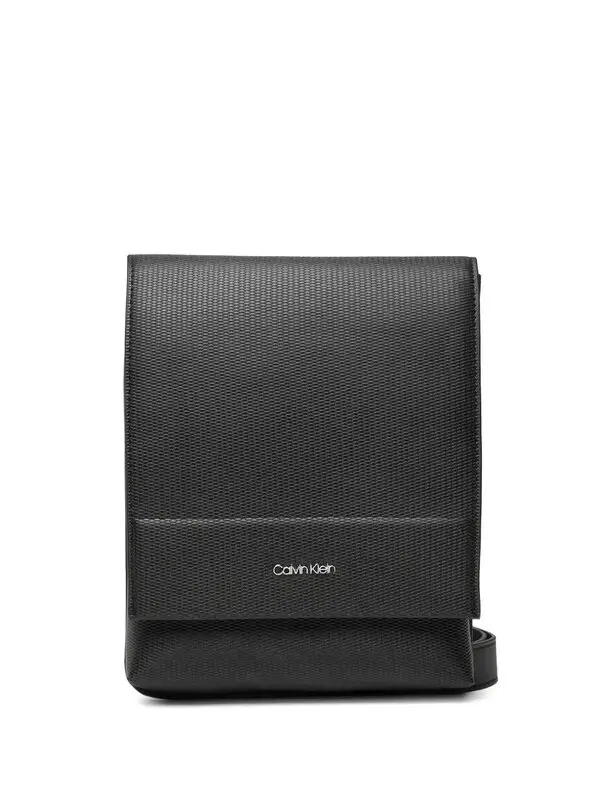 Calvin Klein Textured-finish Foldover-top Shoulder Bag With Logo - Black