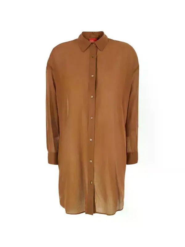 MERCI Contrast Stitch Curved Hem Shirt - Brown