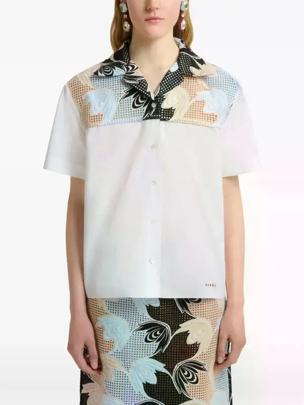 Marni Short-sleeved Organic Cotton Poplin Shirt With Broderie Anglaise Yoke