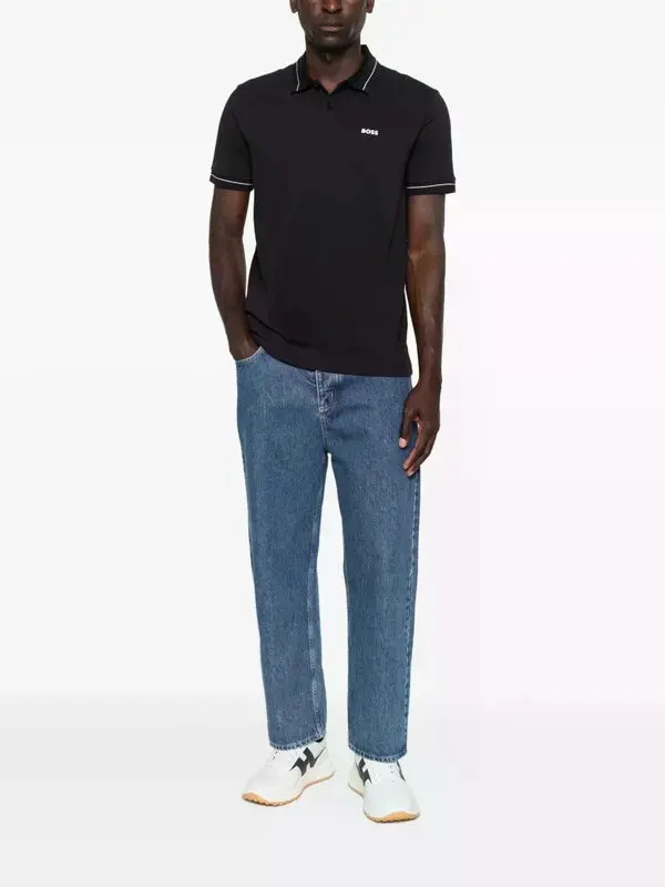 BOSS Stripe-trim Polo Shirt In Stretch Cotton - Black