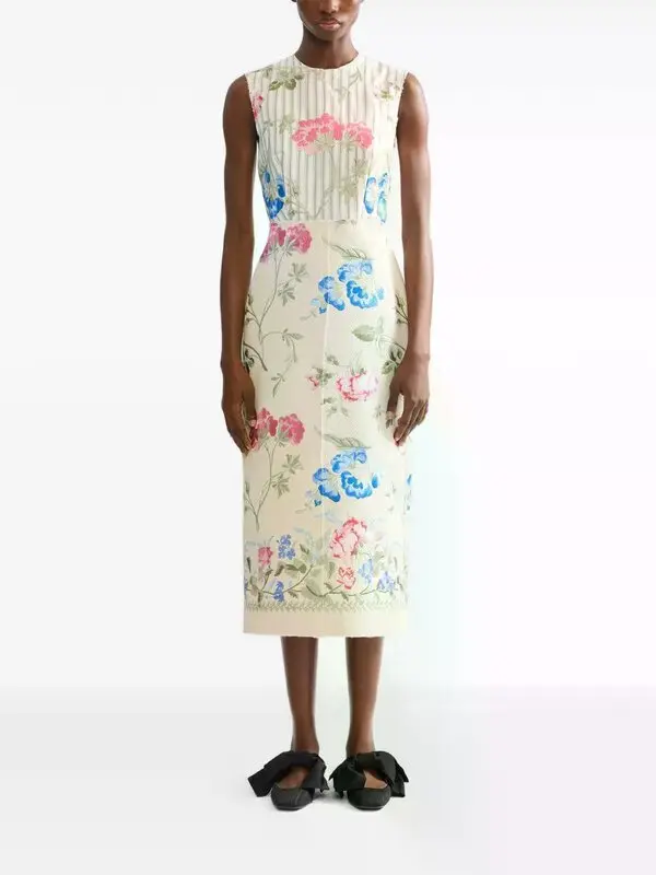 Erdem Floral-embroidered Striped Midi Dress