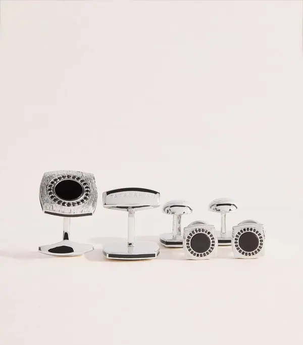 Tateossian Onyx Graffiato Rounded Square Cufflinks And Studs Set - Black