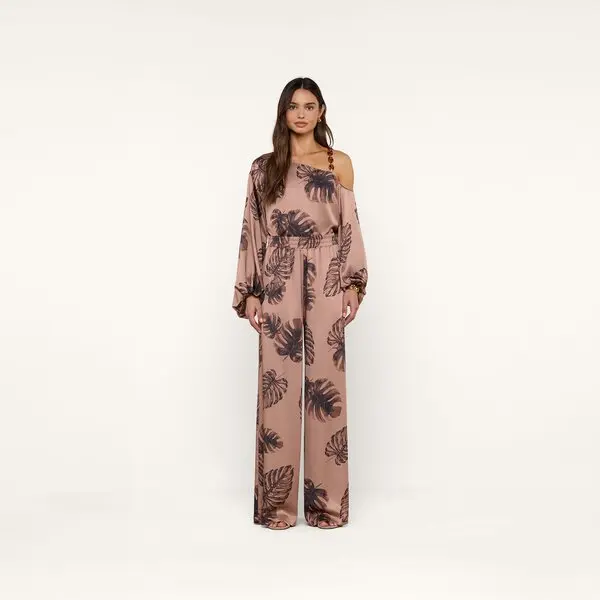 L'Agence Lillian Satin Wide Leg Pants - Hazelnut Multi Large Palm