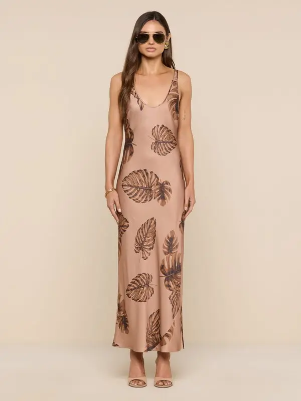 L'Agence Akiya Satin Maxi Dress - Hazelnut Multi Large Palm