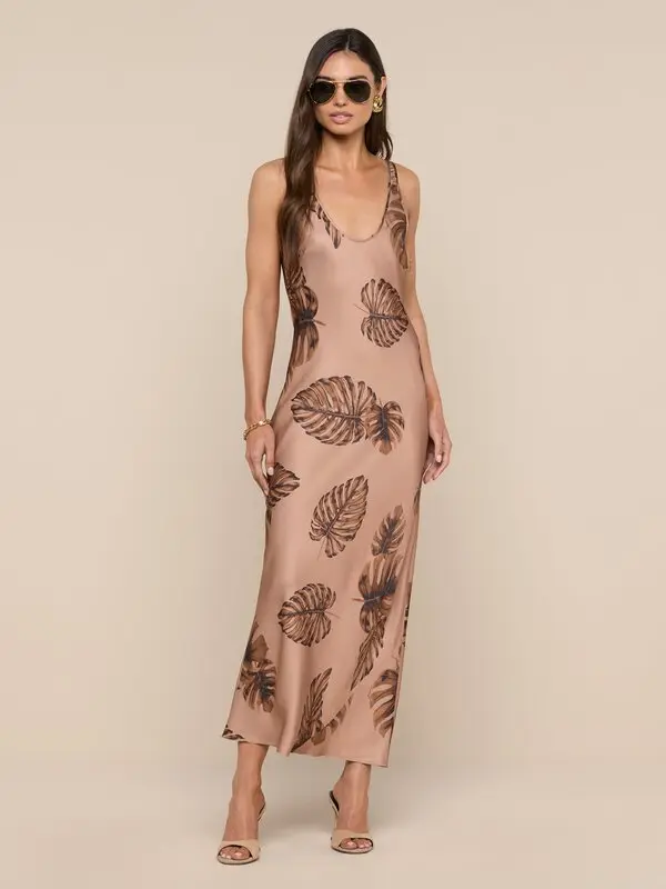 L'Agence Akiya Satin Maxi Dress - Hazelnut Multi Large Palm