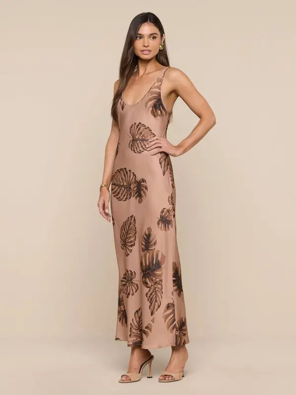 L'Agence Akiya Satin Maxi Dress - Hazelnut Multi Large Palm