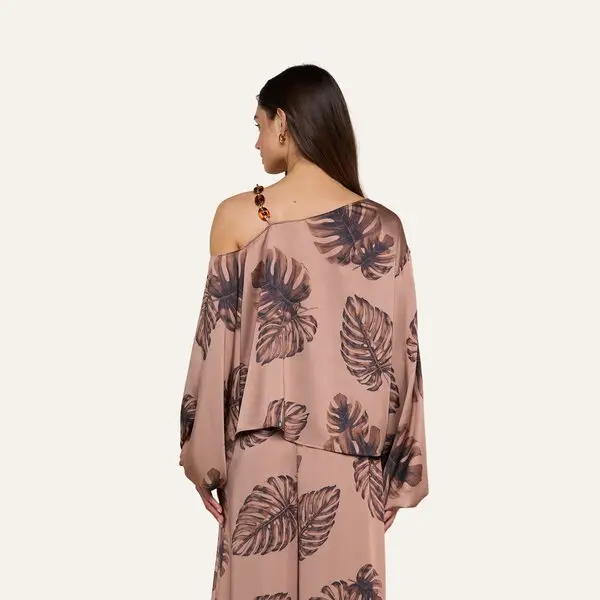L'AGENCE Asami Chain One-shoulder Blouse Top - Hazelnut Multi Large Palm