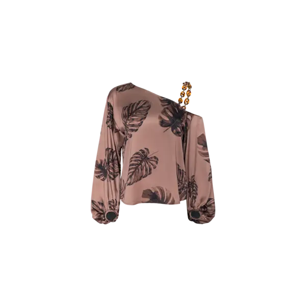 L'AGENCE Asami Chain One-shoulder Blouse Top - Hazelnut Multi Large Palm
