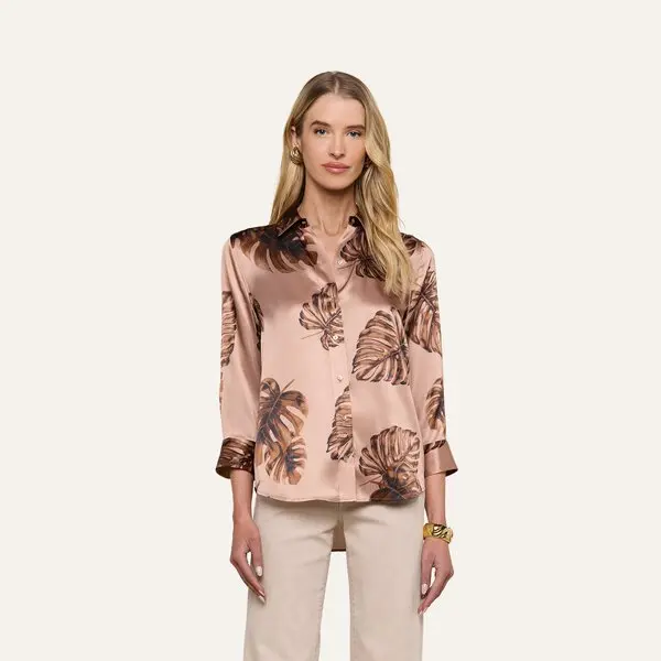 L'Agence Dani Silk Palm Print Blouse - Hazelnut Multi Large Palm