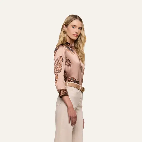 L'Agence Dani Silk Palm Print Blouse - Hazelnut Multi Large Palm