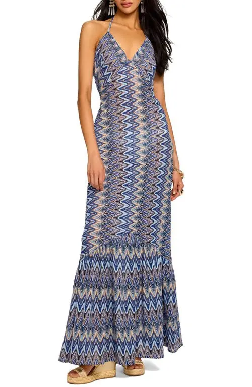 Ramy Brook Delilah Metallic Semisheer Halter Maxi Dress - Ocean Zigzag