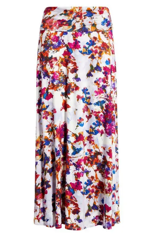 Loveappella Floral Print Roll Top Maxi Skirt - Fuchsia/violet