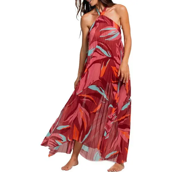 Cosita Linda Pleated Halter Maxi Dress - Red Multi