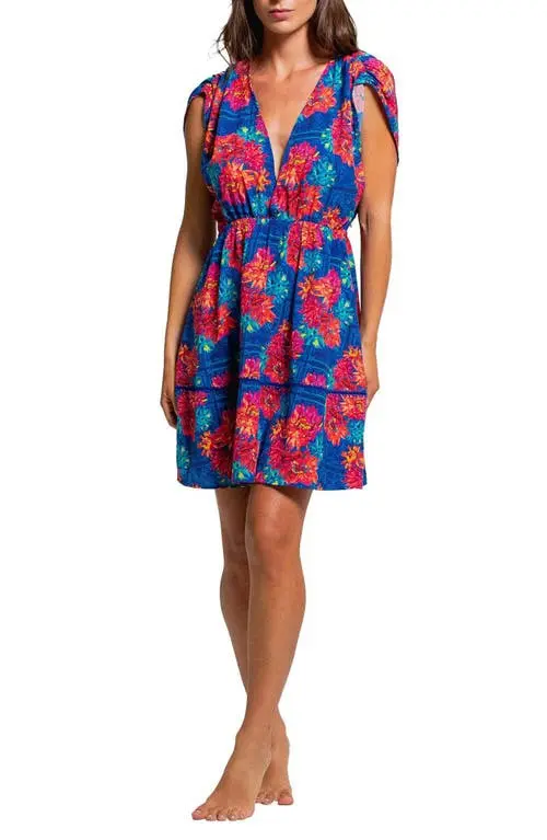 Cosita Linda Floral Ruched Sleeve Cover-up Sundress - Blue Multi