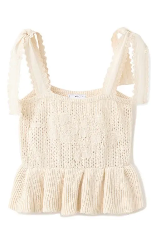 Mango Amelie Tie Shoulder Crochet Peplum Top - Ecru