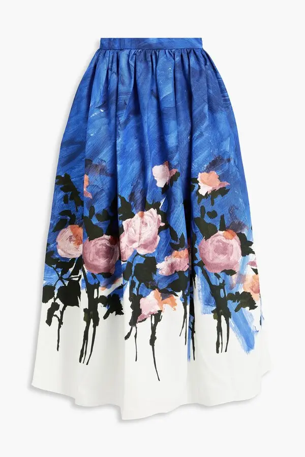 Erdem Gathered Floral-print Cotton-blend Twill Midi Skirt - Cobalt Blue