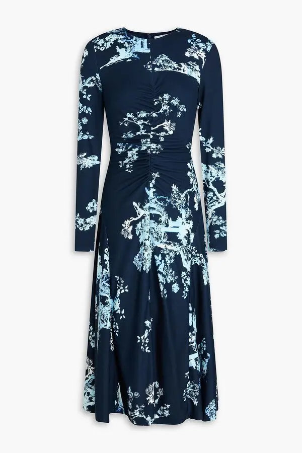 Erdem Gathered Printed Ponte Midi Dress