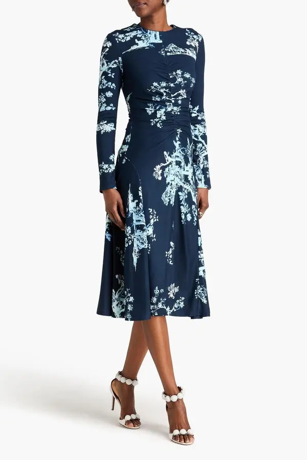 Erdem Gathered Printed Ponte Midi Dress