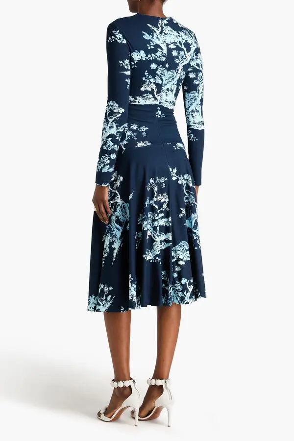 Erdem Gathered Printed Ponte Midi Dress